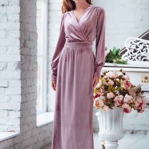 Mauve Velvet Long Wrap Dress, Bridesmaid Velvet Dress, Wedding Dress ...