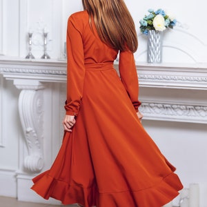 Rust Orange Long Wrap Dress, Bridesmaid Dress, Cocktail Dress, Wedding ...