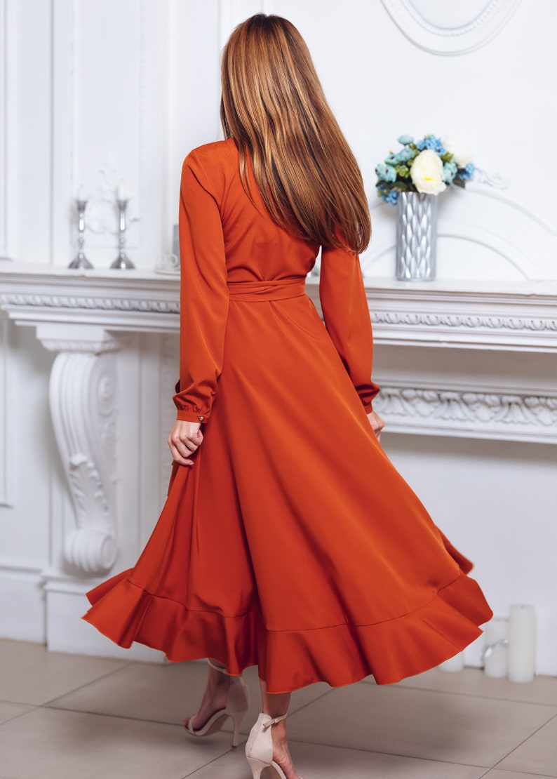 Rust Orange Long Wrap Dress Bridesmaid Dress Cocktail Dress - Etsy