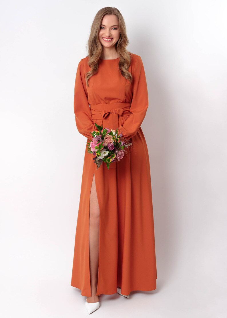 Rust Orange Long Slit Dress With Belt, Bridesmaid Dress, Cocktail Dress ...