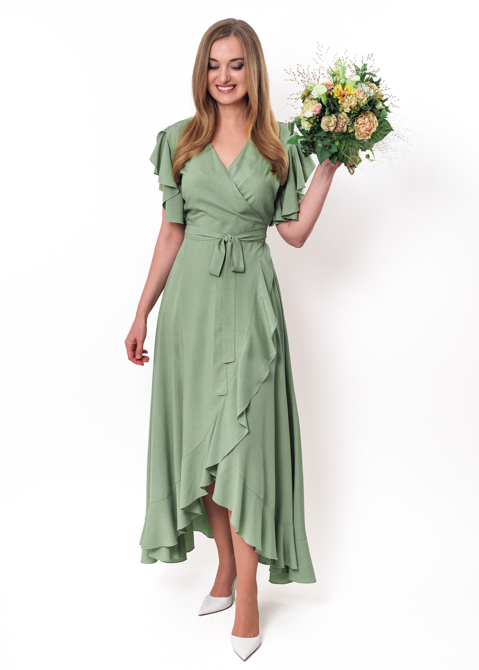 Sage Green Romantic Wrap Around Dress, Maxi Dress, Long Dress, Wedding ...