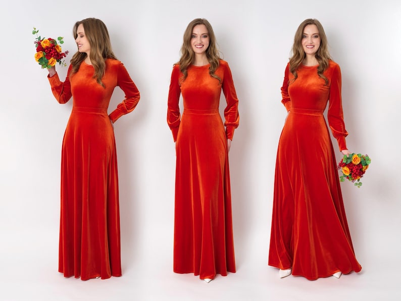 Rust Orange Velvet Maxi Dress: Elegant Long Sleeve Gown, Fall Wedding ...