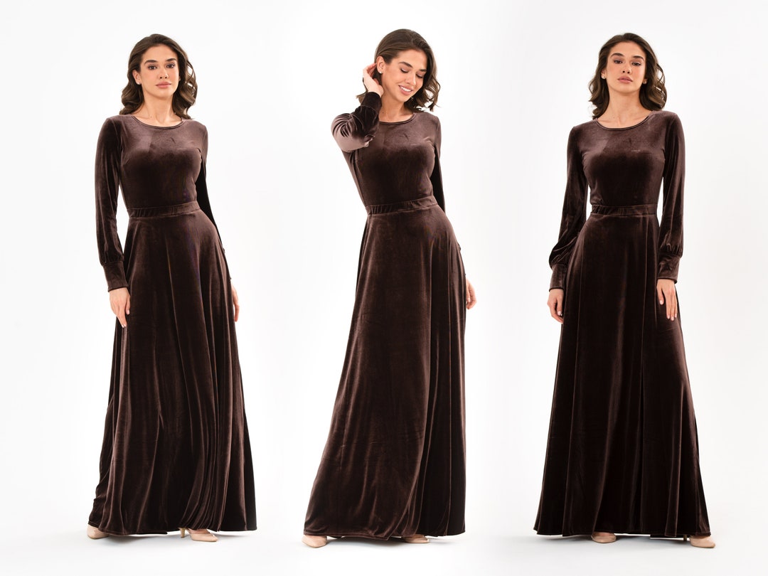 Chocolate Brown Velvet Maxi Dress: Elegant Long Sleeve Gown, Fall ...