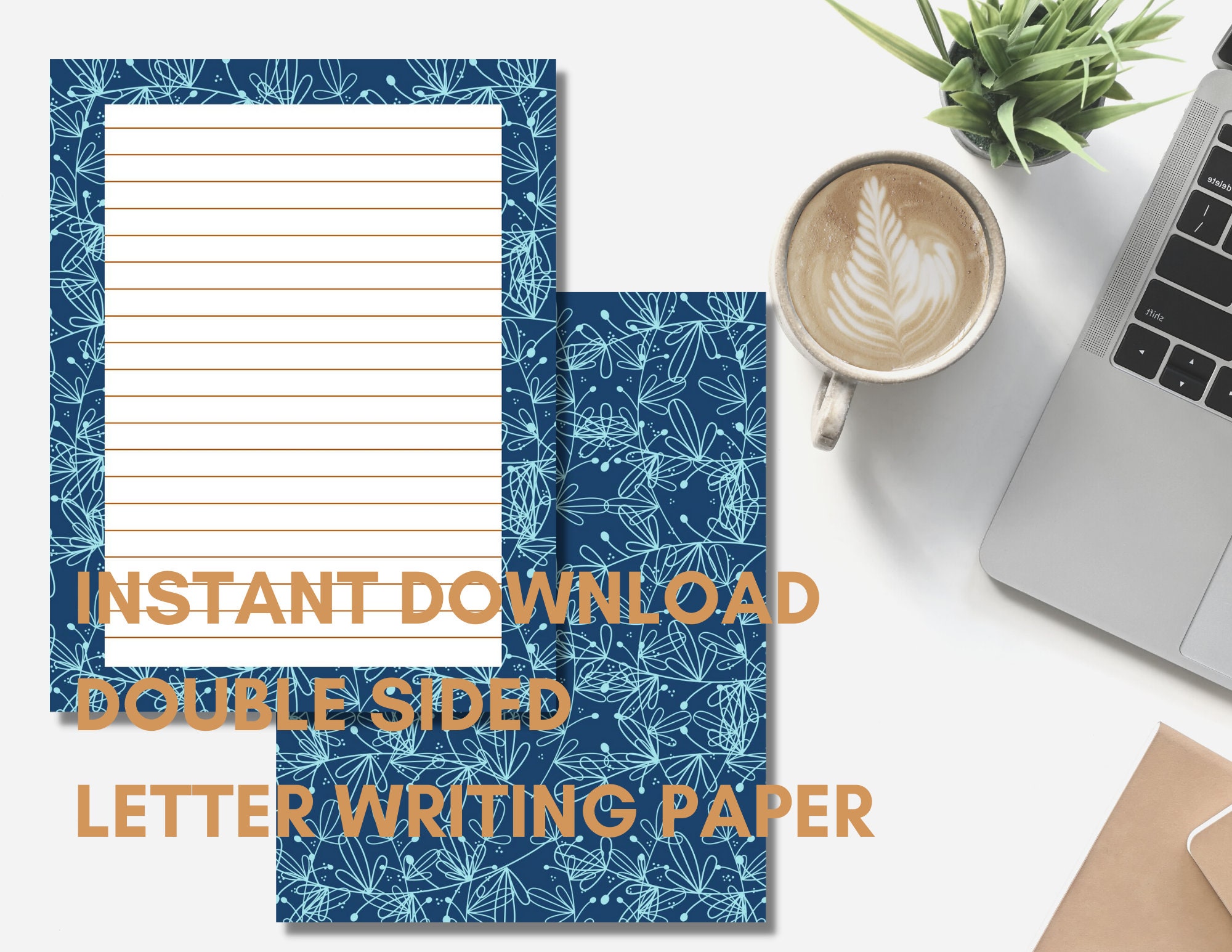 BLUE BOTANICAL BORDER Printable Stationery Set Instant Download Floral ...