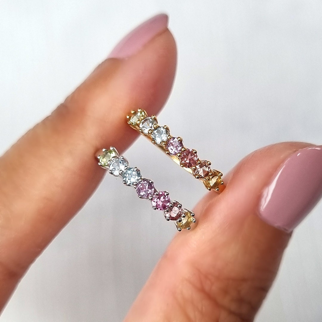 Pastel Rainbow Gemstone Stackable Eternity Ring: Sterling Silver Gold ...