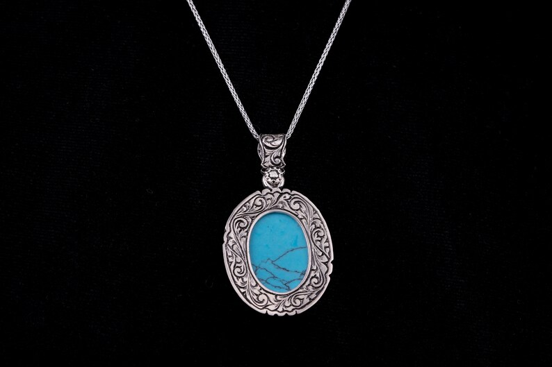 Turquoise Hand Engraved Oval Pendant Silver Handmade Jewelry - Etsy
