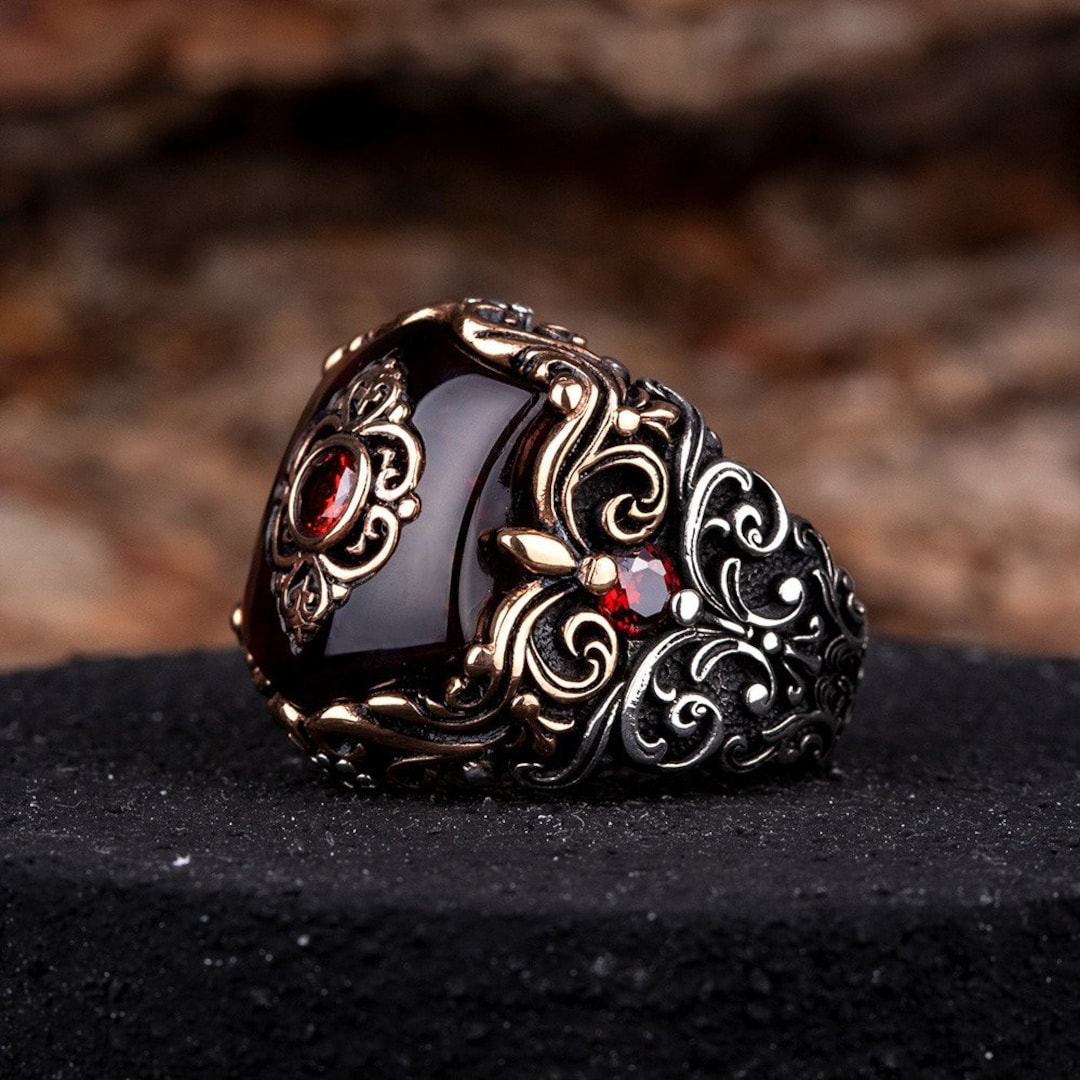 Red Amber Single Zircon Detailed Men's Silver Ring, Silver Handmade ...