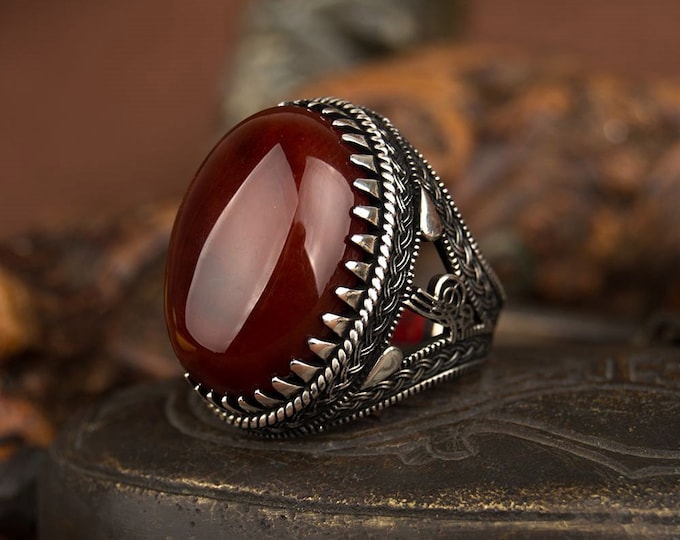 Red Big Oval Yemeni Aqeeq Silver Ring, Silver Handmade Jewelry, 925 ...