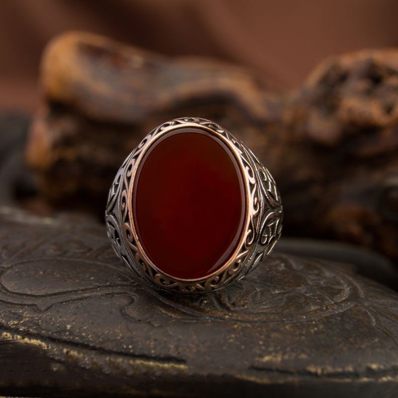 Flat Oval Red Aqeeq Stone Silver Ring Silver Handmade - Etsy