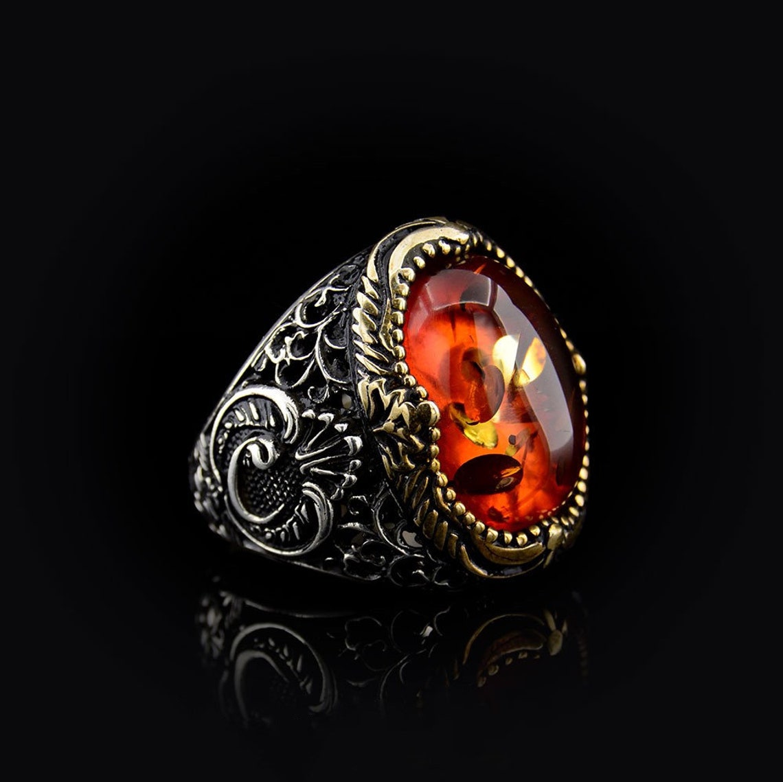 Amber Orange Silver Men Ring, Silver Handmade Jewelry, 925 Sterling ...