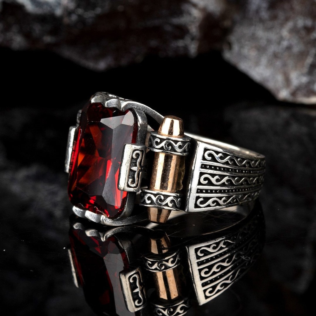 Rectangular Shape Red Zircon Men's Ring, Silver Handmade Jewelry, 925 ...