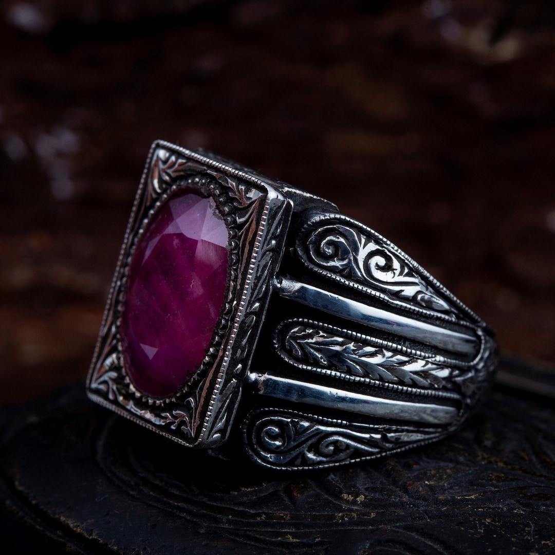Hand Engraved Rectangle African Ruby Silver Men Ring, Silver Handmade ...