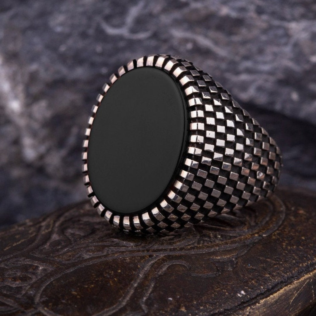 Grid Pattern Silver Black Aqeeq Men Ring, Silver Handmade Jewelry, 925 ...