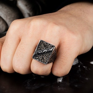 Stoneless Silver Engraved Rectangle Men's Ring, Silver Handmade Jewelry ...