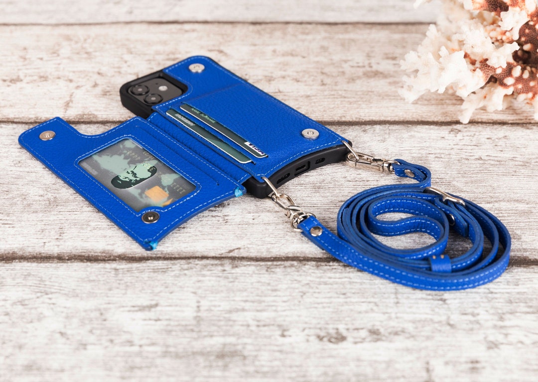 Blue Crossbody Phone Case for iPhone 12 / 12 Pro, Genuine Leather ...