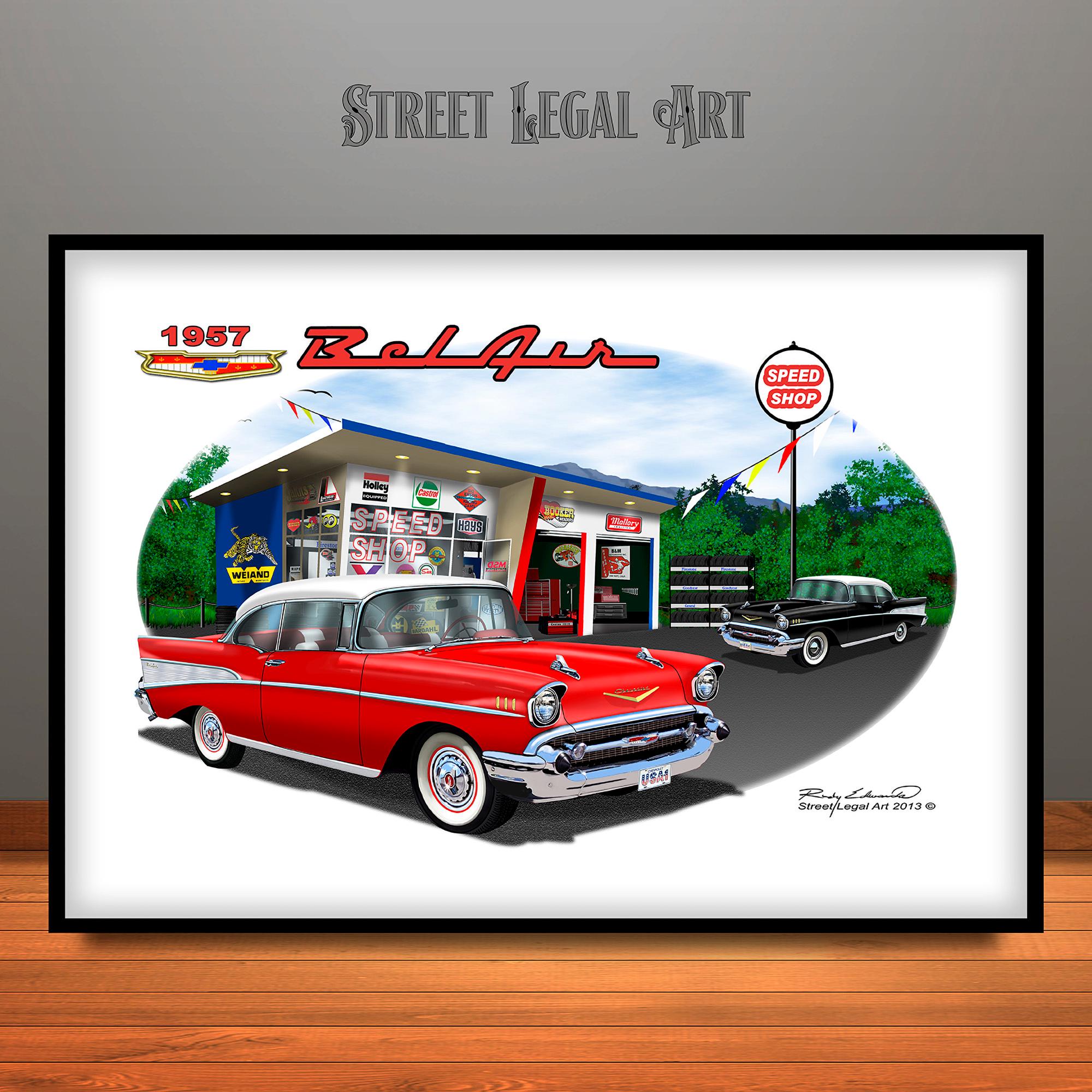 1957 Chevy Bel Air Muscle Car Art Print, Garage Decor, Artist Rudy ...