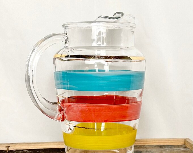 Vintage 7" Glass Pitcher Colored and Gold Stripes - Etsy