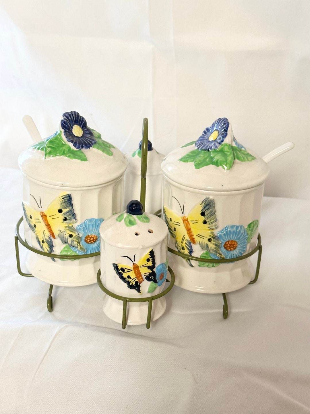 Antique Ceramic Condiment Set With Holder - Etsy