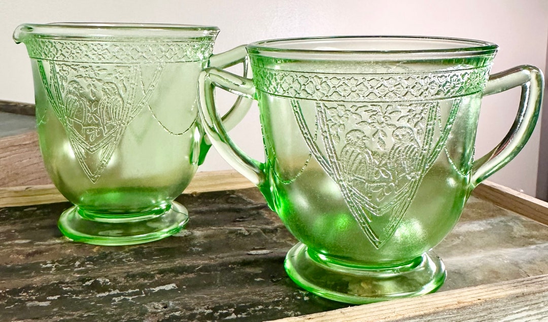 1930s Green Depression Glass Sugar and Creamer Set in Georgian Lovebird ...