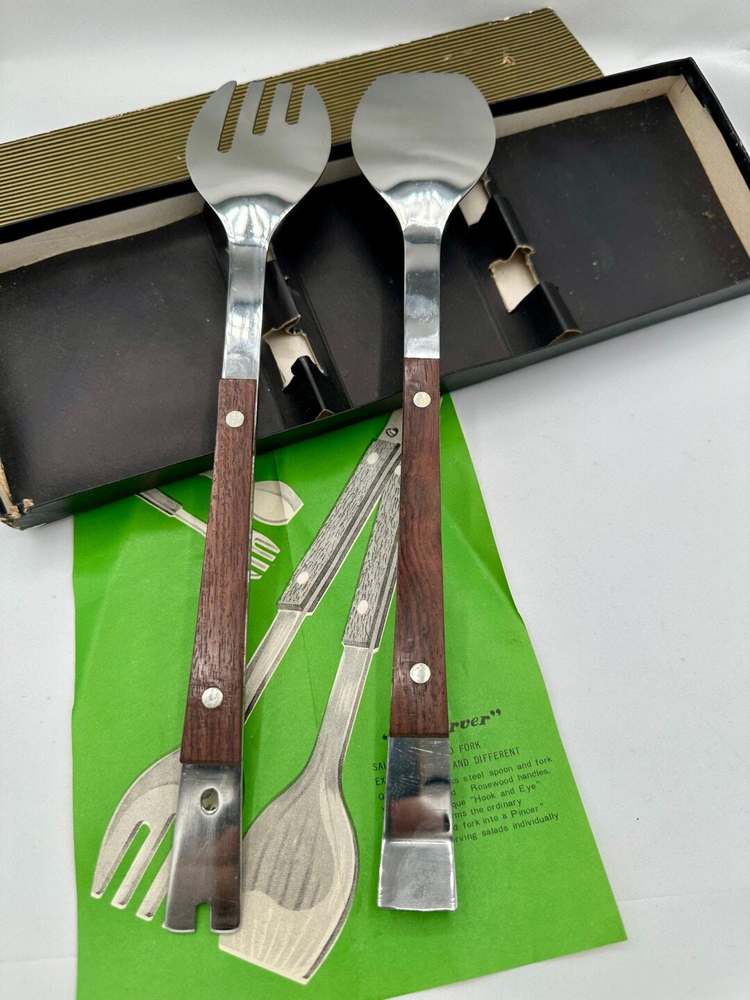 Vintage 1960s Stainless Steel Salad Server Set – Wood Handles – Mid ...
