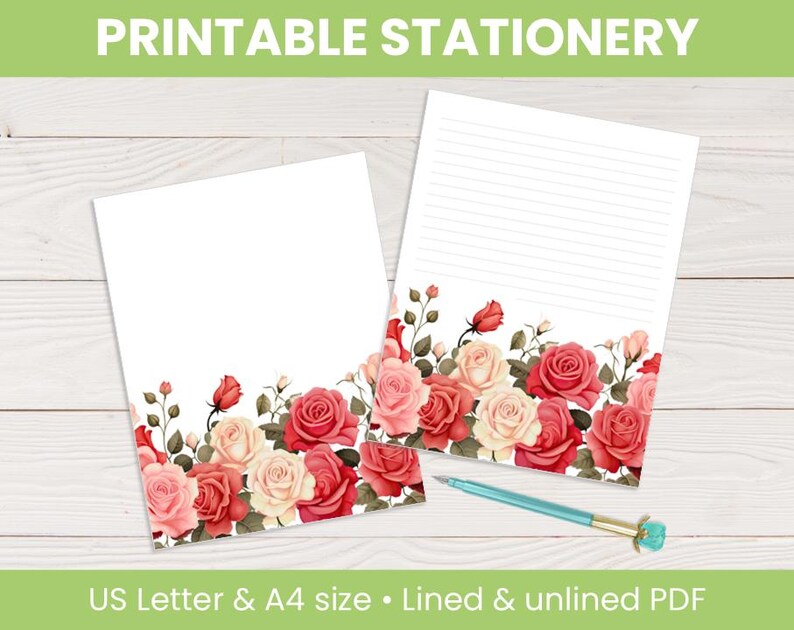 Printable Stationery: Roses | Lined & Unlined, Floral Letter-writing ...