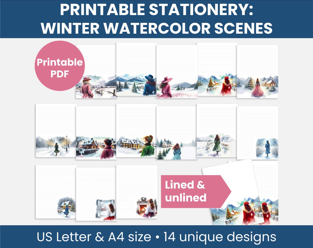 Winter Watercolor Printable Stationery Bundle: Lined & Unlined, Letter ...