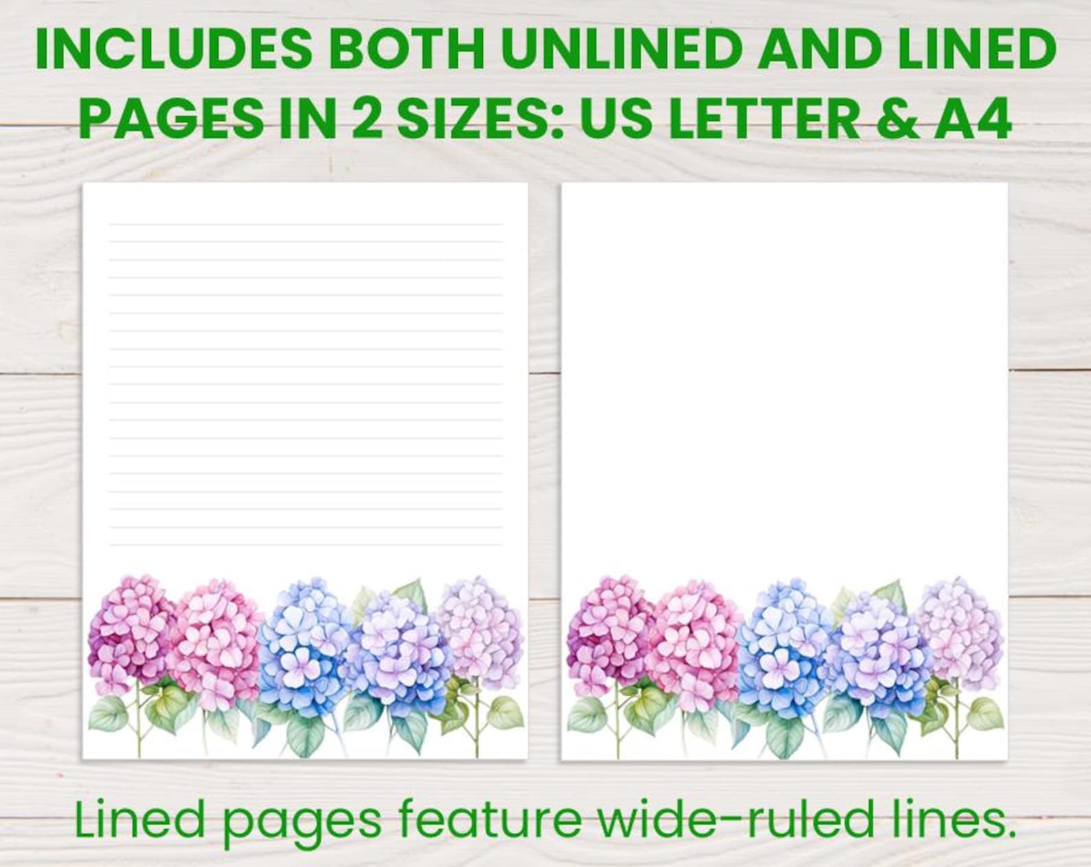 Printable Stationery: Hydrangea | Lined & Unlined, Floral Letter ...