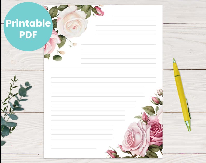 Printable Stationery: Pink Rose Corners | Lined & Unlined, Floral ...