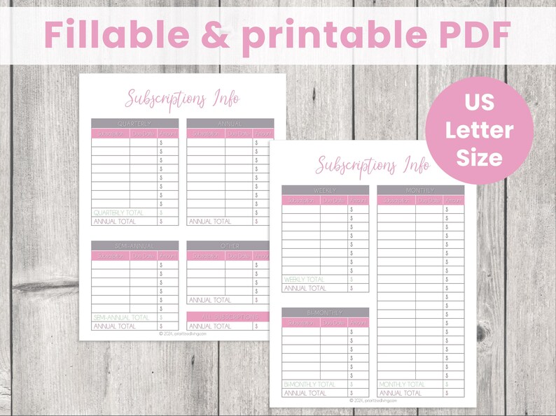 Subscription Tracker Printable: Recurring Subscriptions List and Log ...