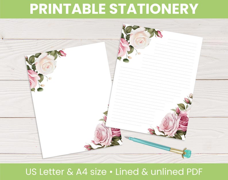 Printable Stationery: Pink Rose Corners | Lined & Unlined, Floral ...