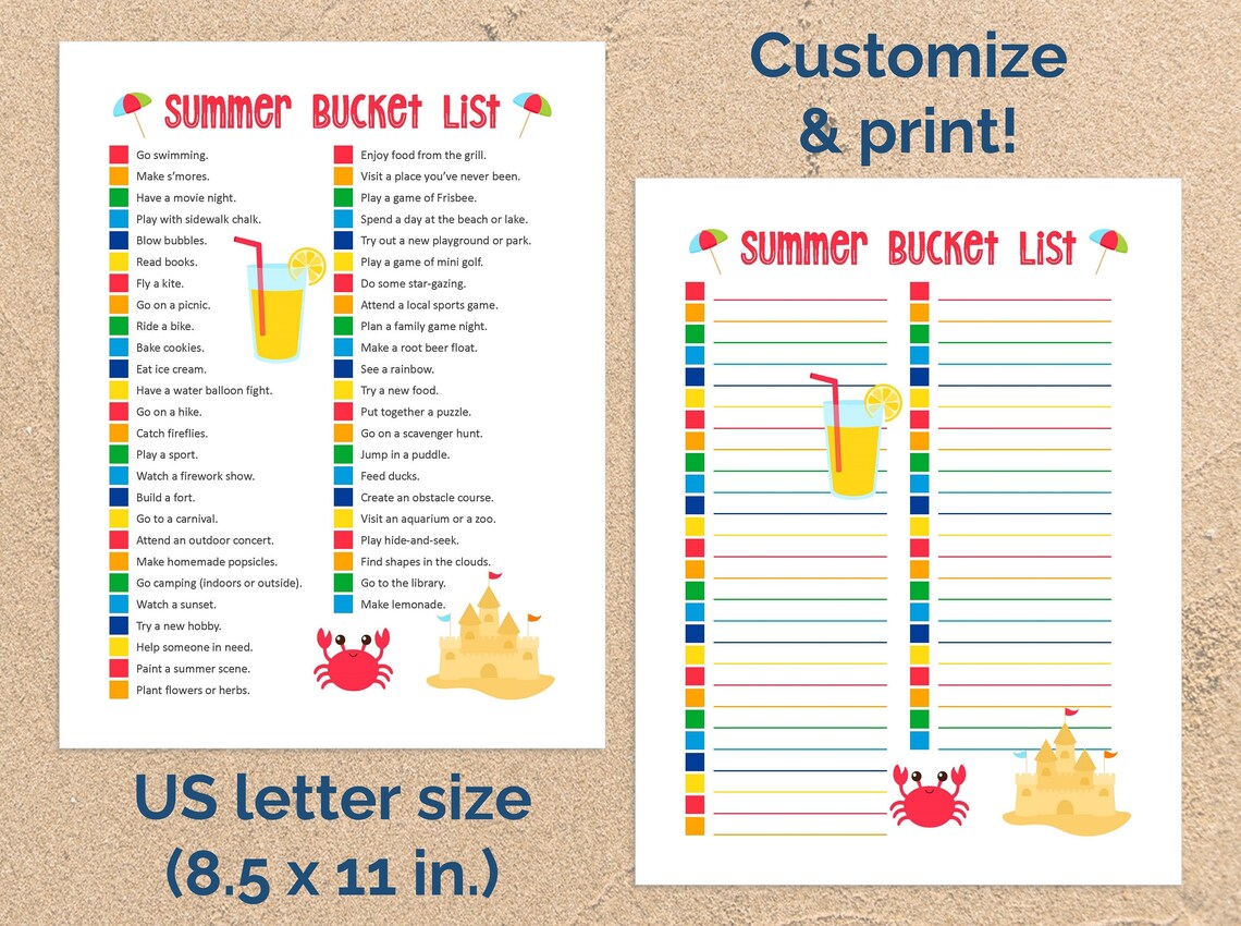 Kid's Summer Bucket List Printable: Activities for Kids and Custom ...