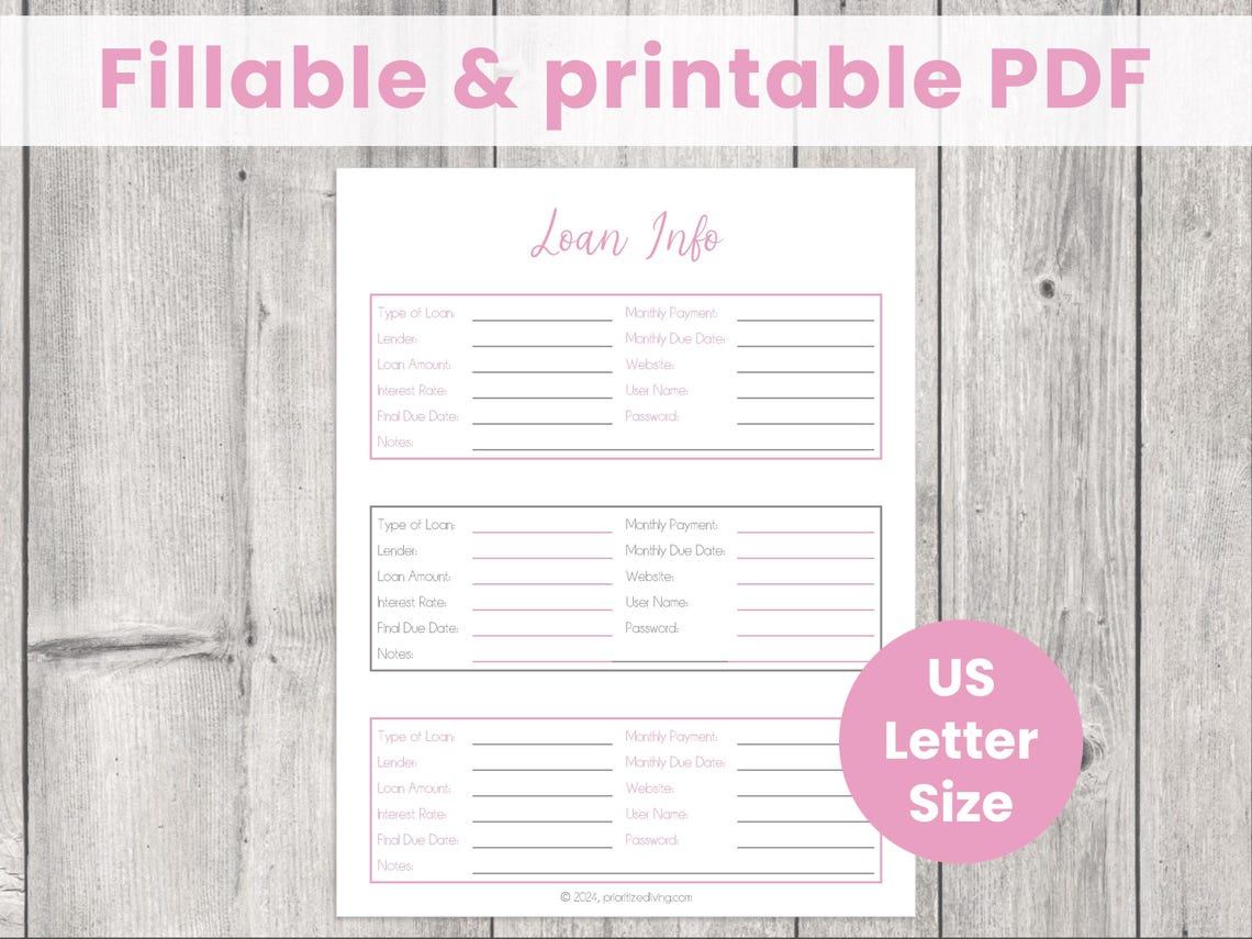 Loan Account Info Tracker Printable: Loan Account List and Details ...