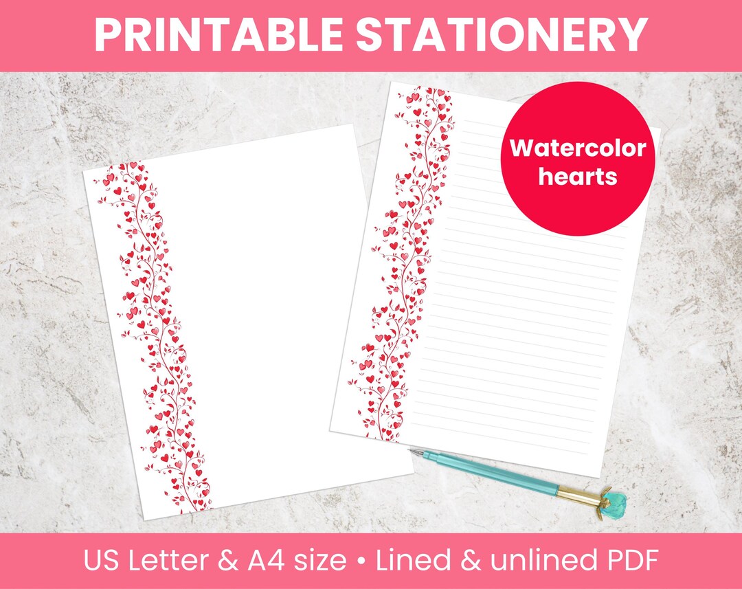 Hearts Printable Stationery: Lined & Unlined, Watercolor Valentine's ...