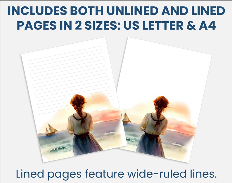 Seascapes Watercolor Printable Stationery Bundle: Lined & Unlined ...