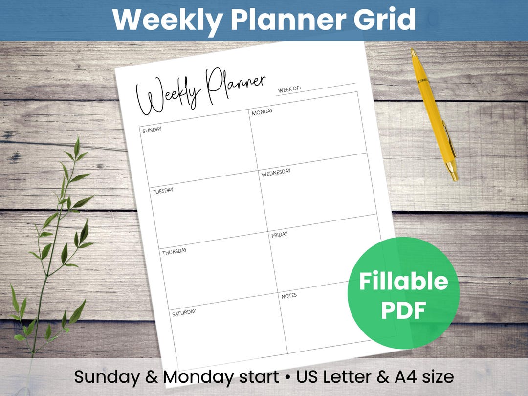 Weekly Planner Grid Printable: Minimalist Template | 7-day Schedule ...