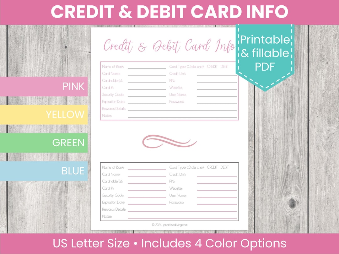 Credit & Debit Card Info Tracker Printable: Credit Card Tracker, Debit ...