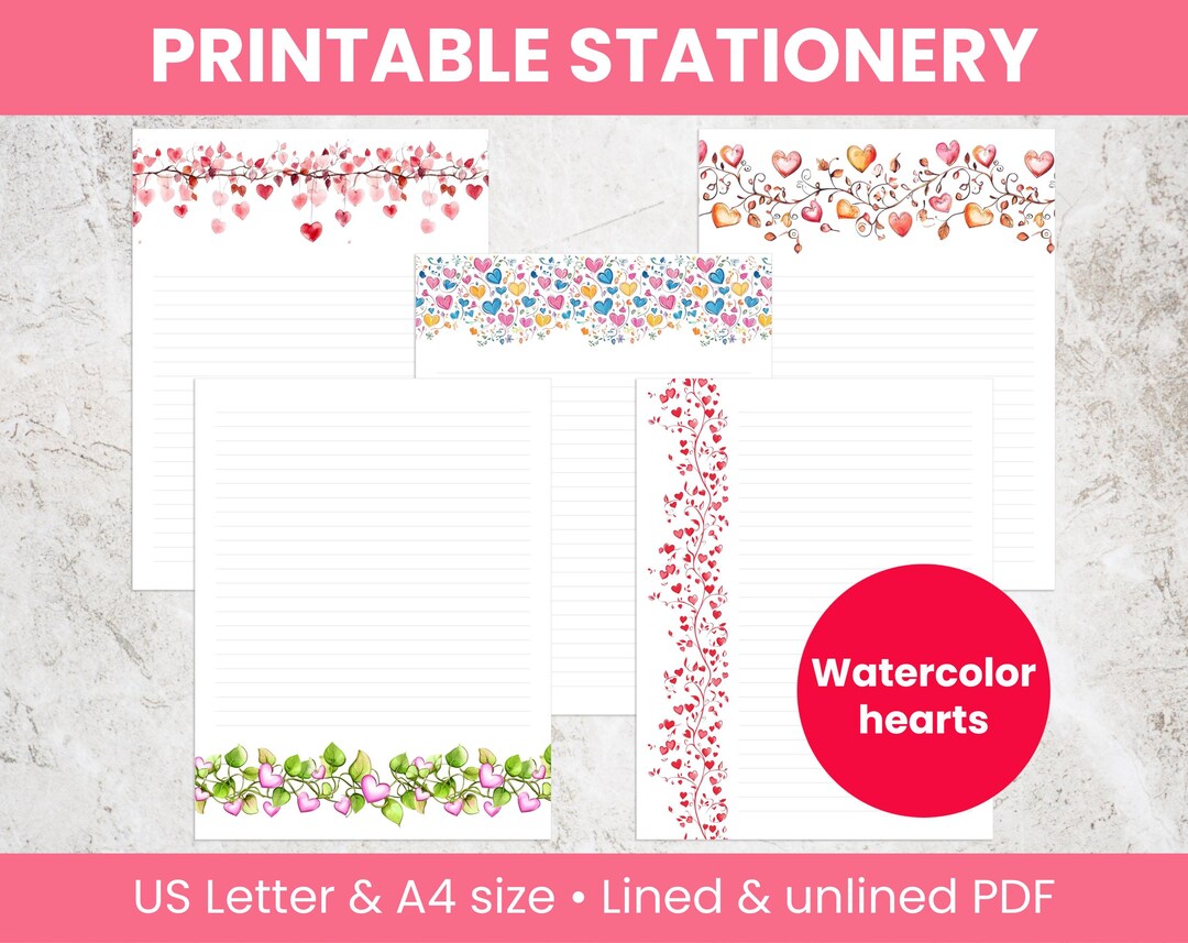 Hearts Printable Stationery Bundle: Lined & Unlined, Watercolor ...