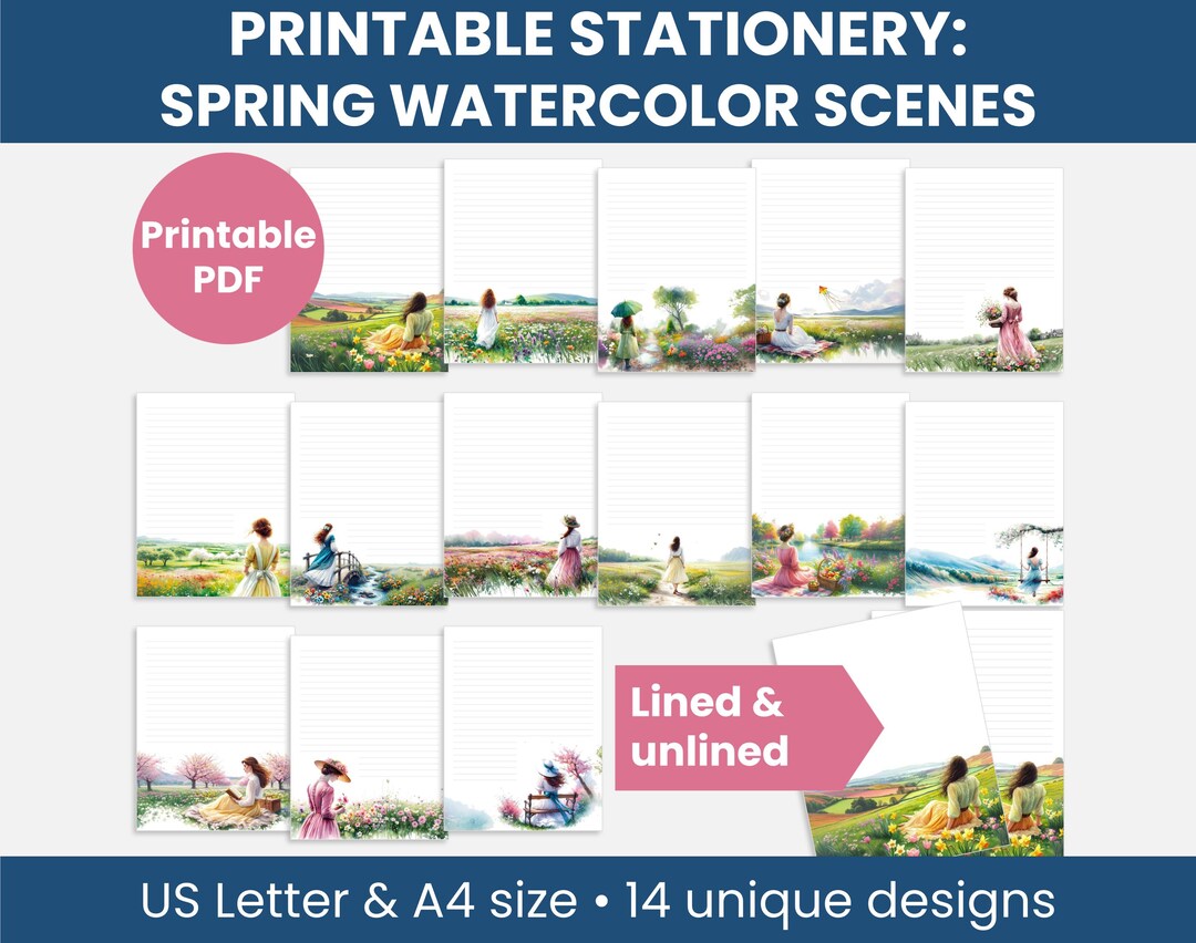 Spring Watercolor Printable Stationery Bundle: Lined & Unlined, Letter ...