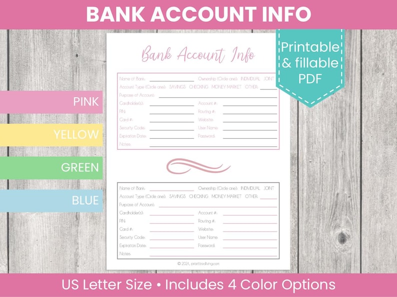 Bank Account Info Tracker Printable: Bank Account List, Bank Details ...
