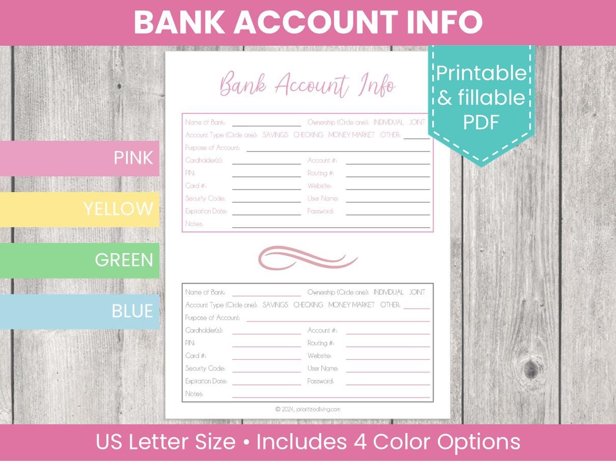 Printable BANK ACCOUNT INFO Tracker: Bank Account List, Bank Details ...