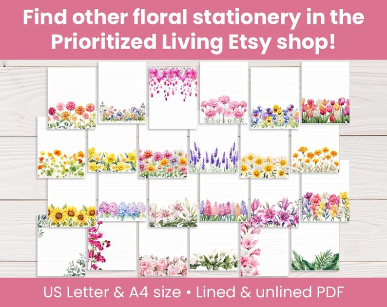 Printable Stationery: Pink Rose Corners | Lined & Unlined, Floral ...