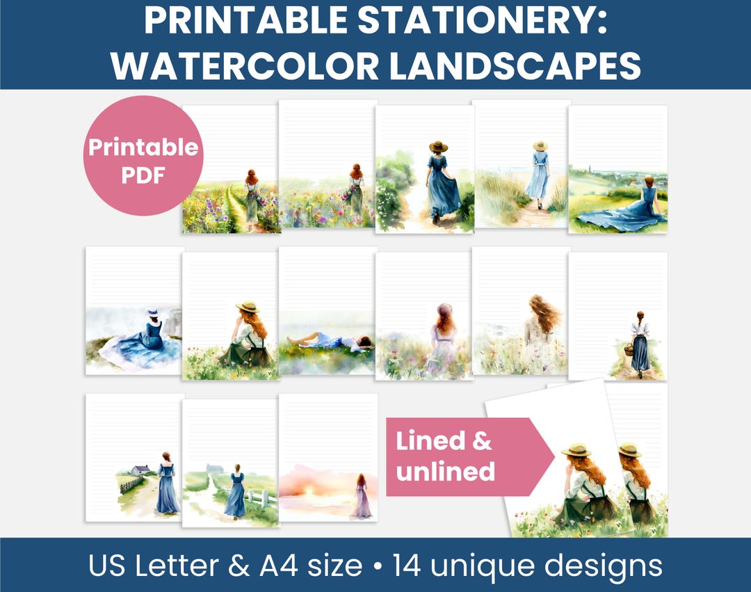 Landscapes Watercolor Printable Stationery Bundle: Lined & Unlined ...
