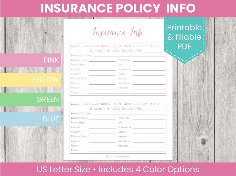 Insurance Policy Info Tracker Printable: Insurance Policy List and ...