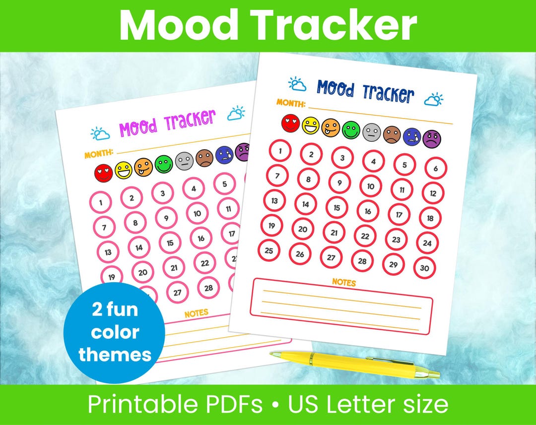 30-day Mood Tracker Printable: Feelings Chart in 2 Colorful Themes ...