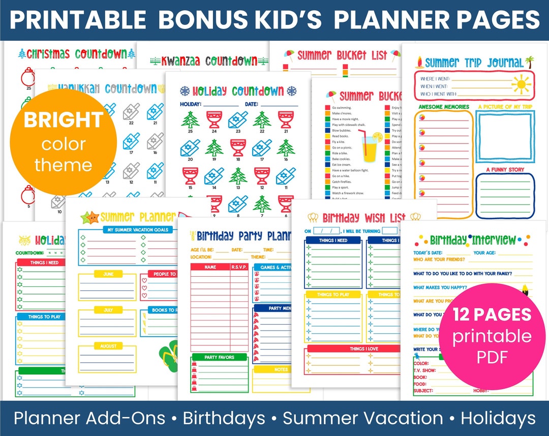 Printable KID'S PLANNER Bonus Pages: bright - Etsy