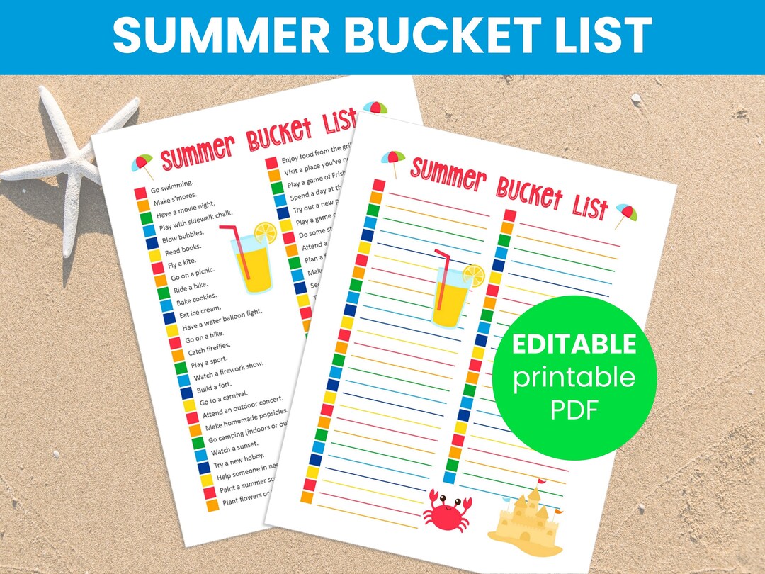 Kid's Summer Bucket List Editable Printable: Kids Activities for Your ...