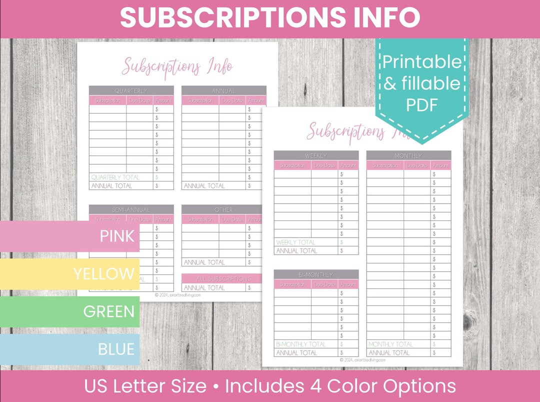 Subscription Tracker Printable: Recurring Subscriptions List and Log ...