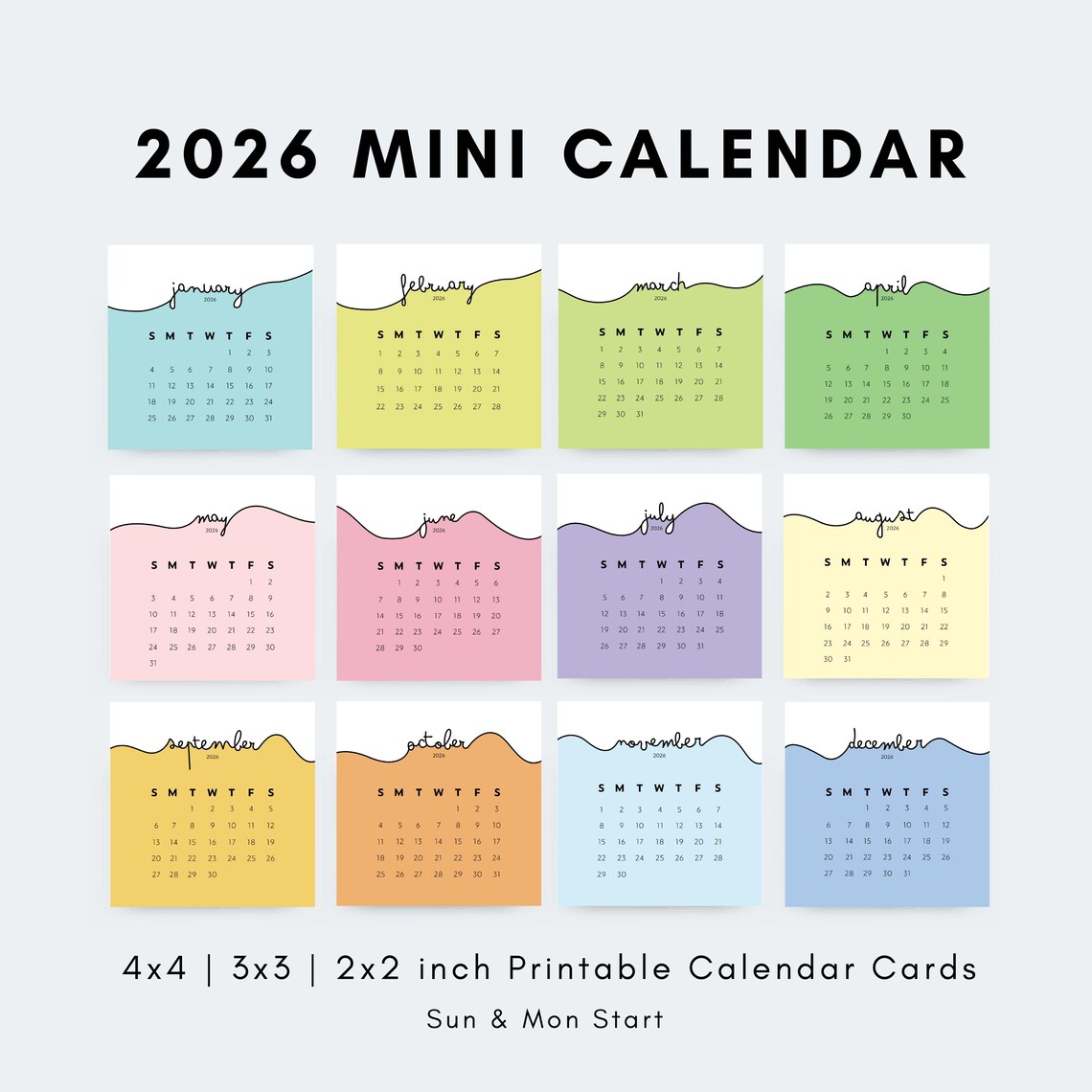 2026 Mini Calendar Cards 4x4 3x3 2x2 Inch Printable Mini Calendar ...