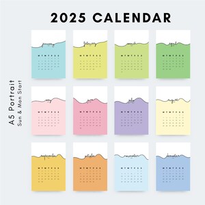 2025 Printable A5 Calendar, Monday Sunday Start, Pastel Colors Calendar ...