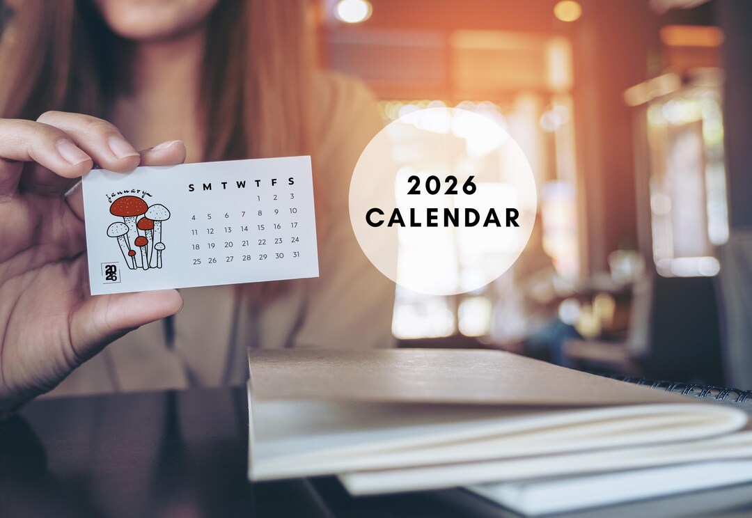 2026 Printable Mini Calendar Mushroom Pattern Business Card Size Tiny ...